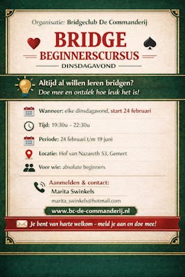 De Commanderij organiseert een beginnerscursus bridgen